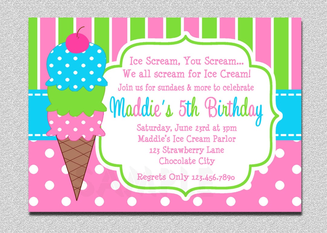 Ice Cream Birthday Invitations Pink and Green Ice Cream Birthday Party ...