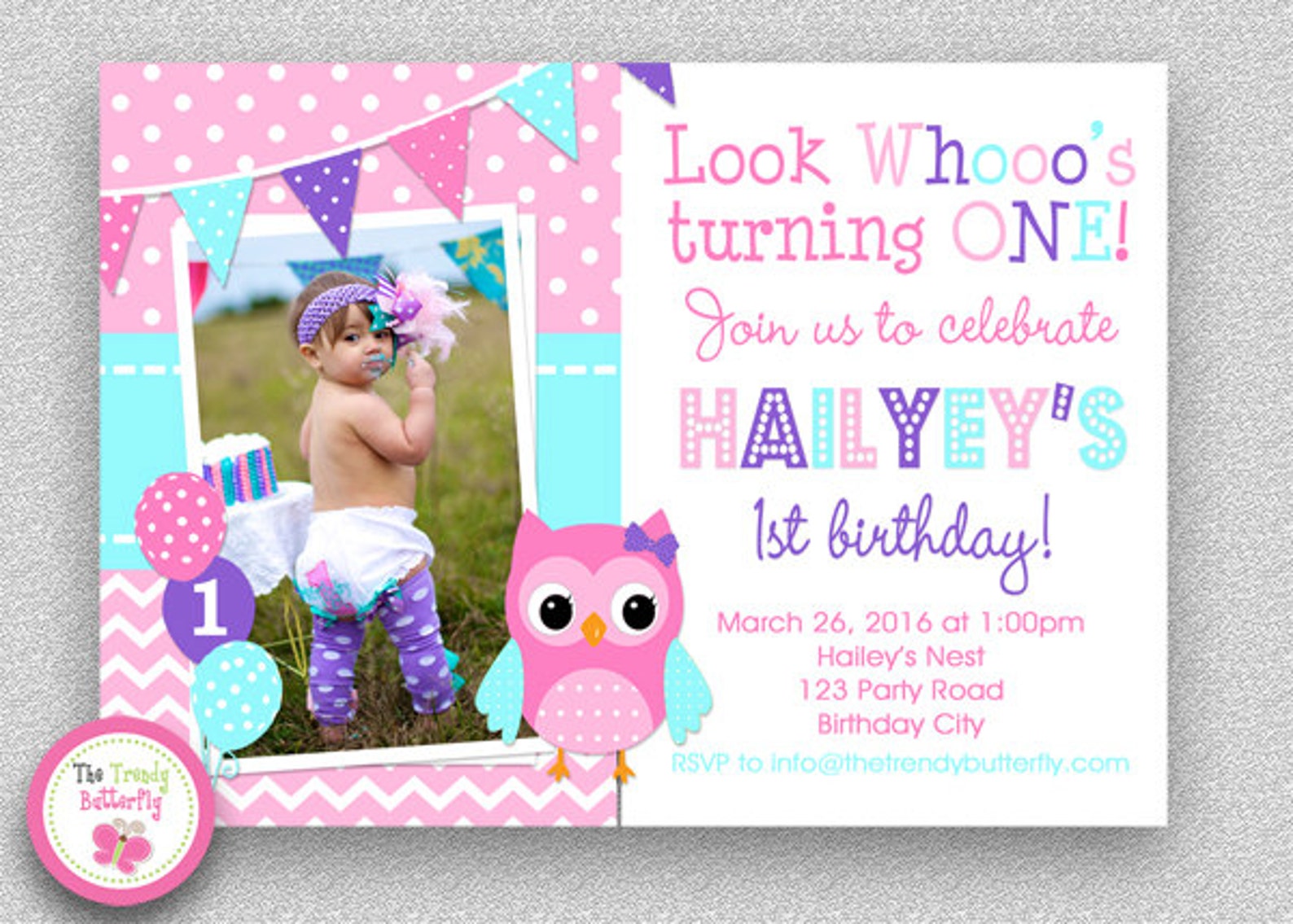 Girls Birthday Invitation , Girls 1st Birthday Invitation , Pink Purple ...