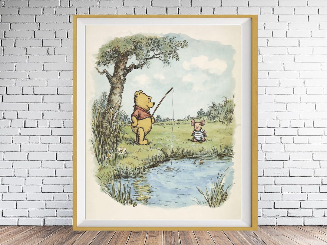 Nursery Art, Winnie the Pooh Print, Pooh Piglet Fishing, Elegant Boho ...