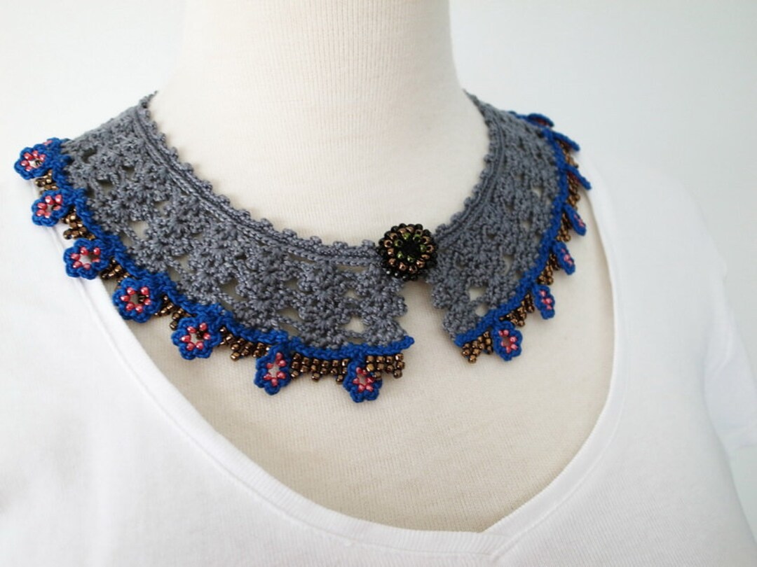 Crochet Lace Collar (beaded Lace Collar Ii-a), Gray, Blue, Brown - Etsy
