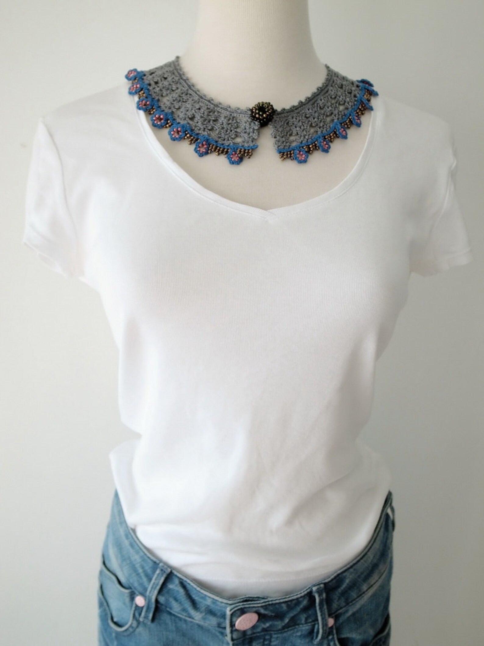 Crochet Lace Collar (beaded Lace Collar Ii-a), Gray, Blue, Brown - Etsy