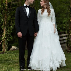 Modest Wedding Dress With Sleeves and French Lace Bodice English Net ...