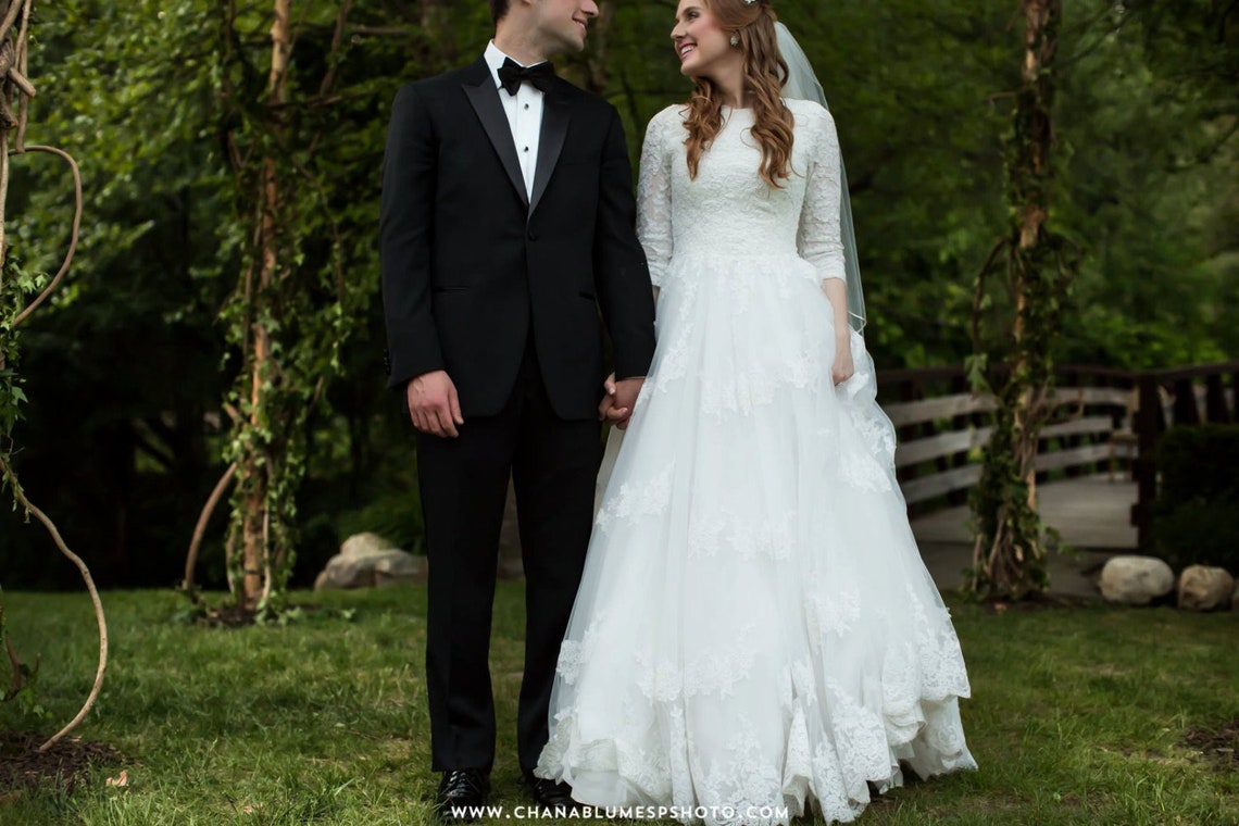 Modest Wedding Dress With Sleeves and French Lace Bodice English Net ...