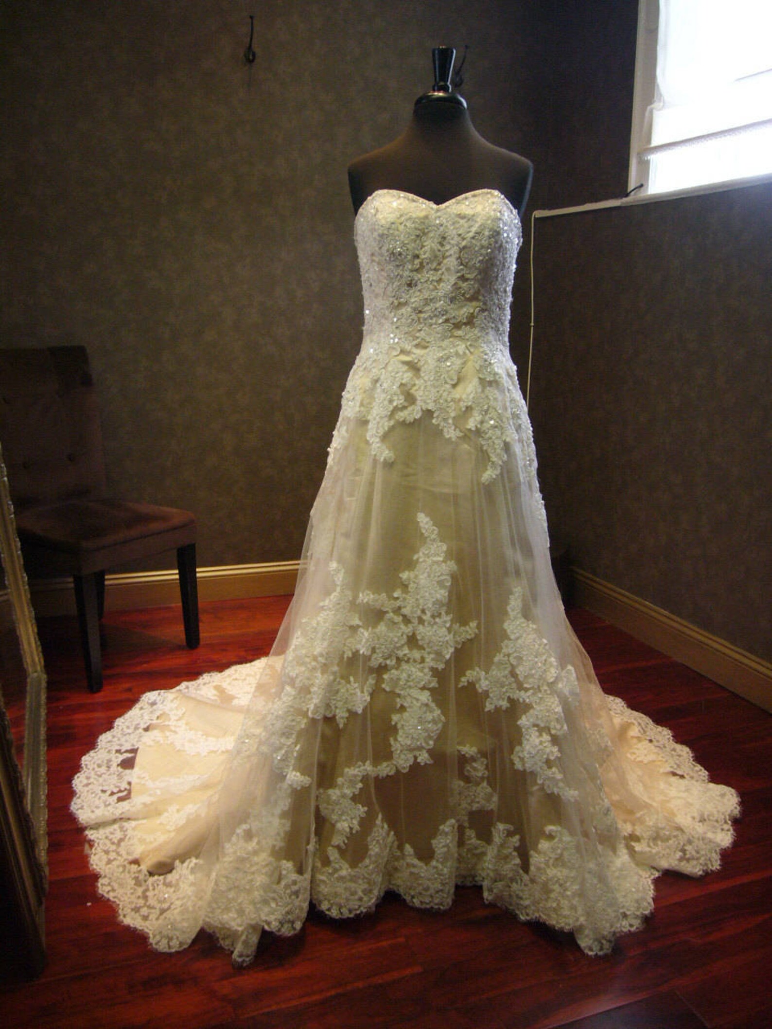 Champagne Wedding Dress With Ivory French Lace Sweatheart Neckline A ...