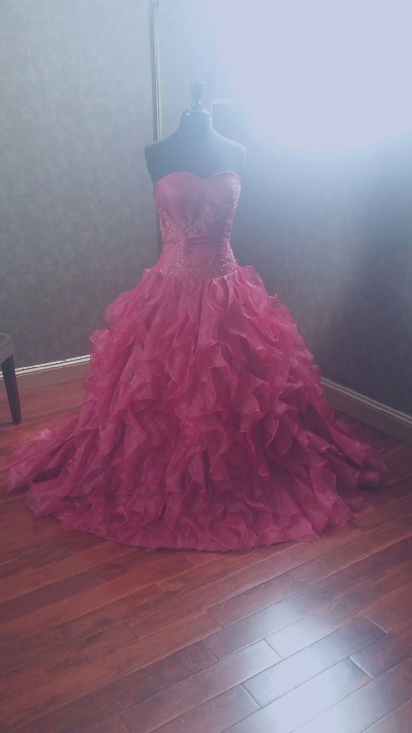 Dark Red Wedding Dress With Organza Ruffles and Beaded Lace - Etsy