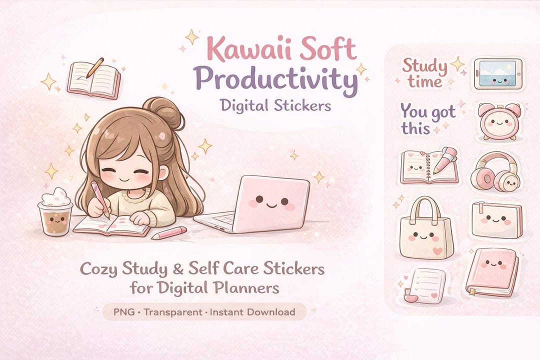 Kawaii Soft Productivity Digital Stickers | Cozy Study Girl Stickers ...