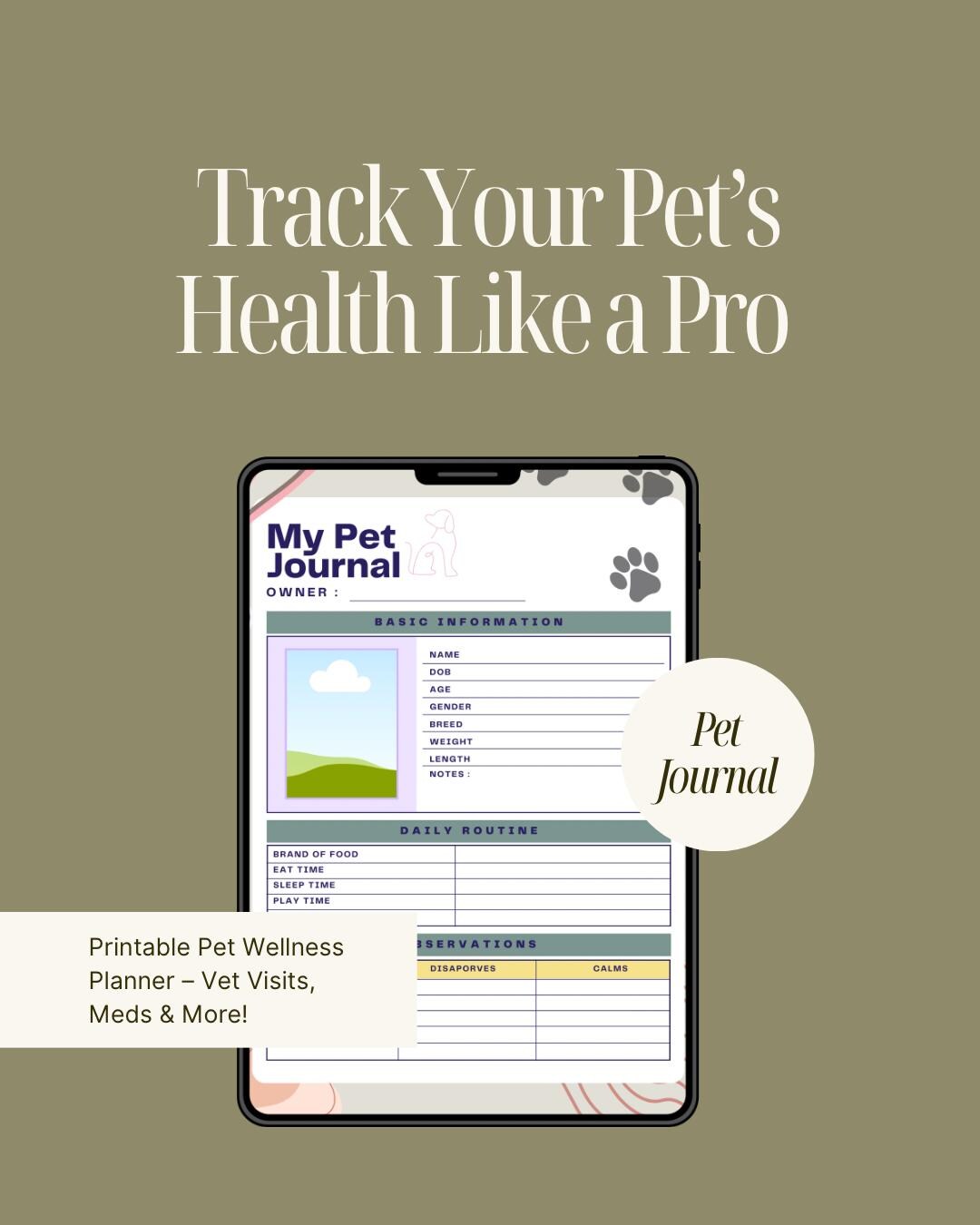 Pet Wellness Journal | Printable Pet Care Planner | Vet Visit & Vaccine ...