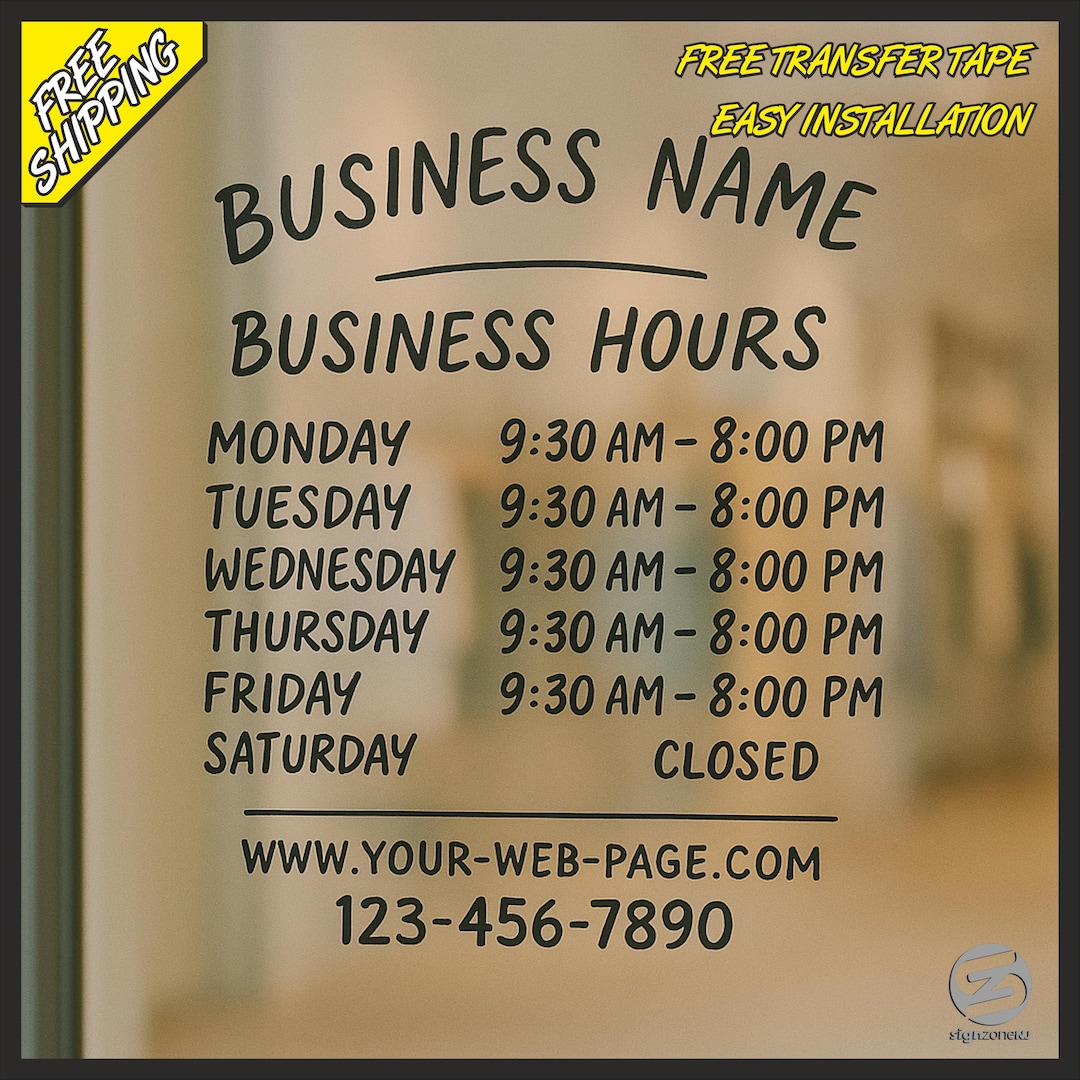 Custom Business Hours Decal – Storefront Window Sticker – Vinyl Shop ...