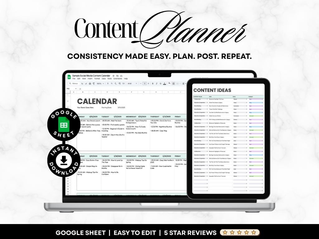 Content Planner Google Sheets Template | Social Media Content Calendar ...