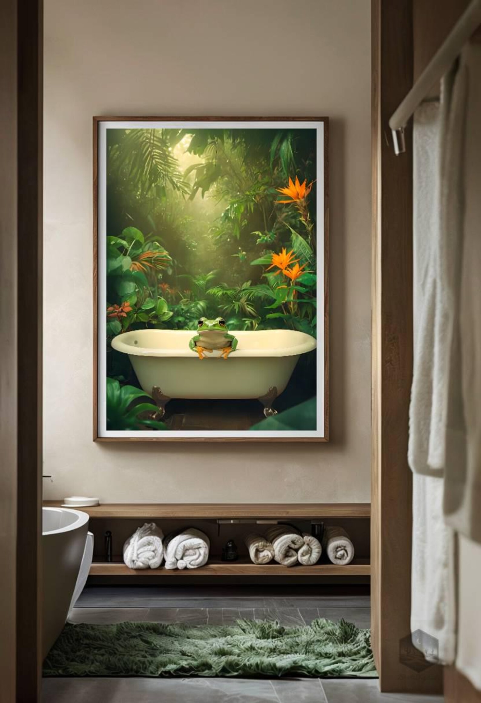 Cute Whimsical Frog in Bathtub Jungle Wall Art – Funny Animal Bathroom ...