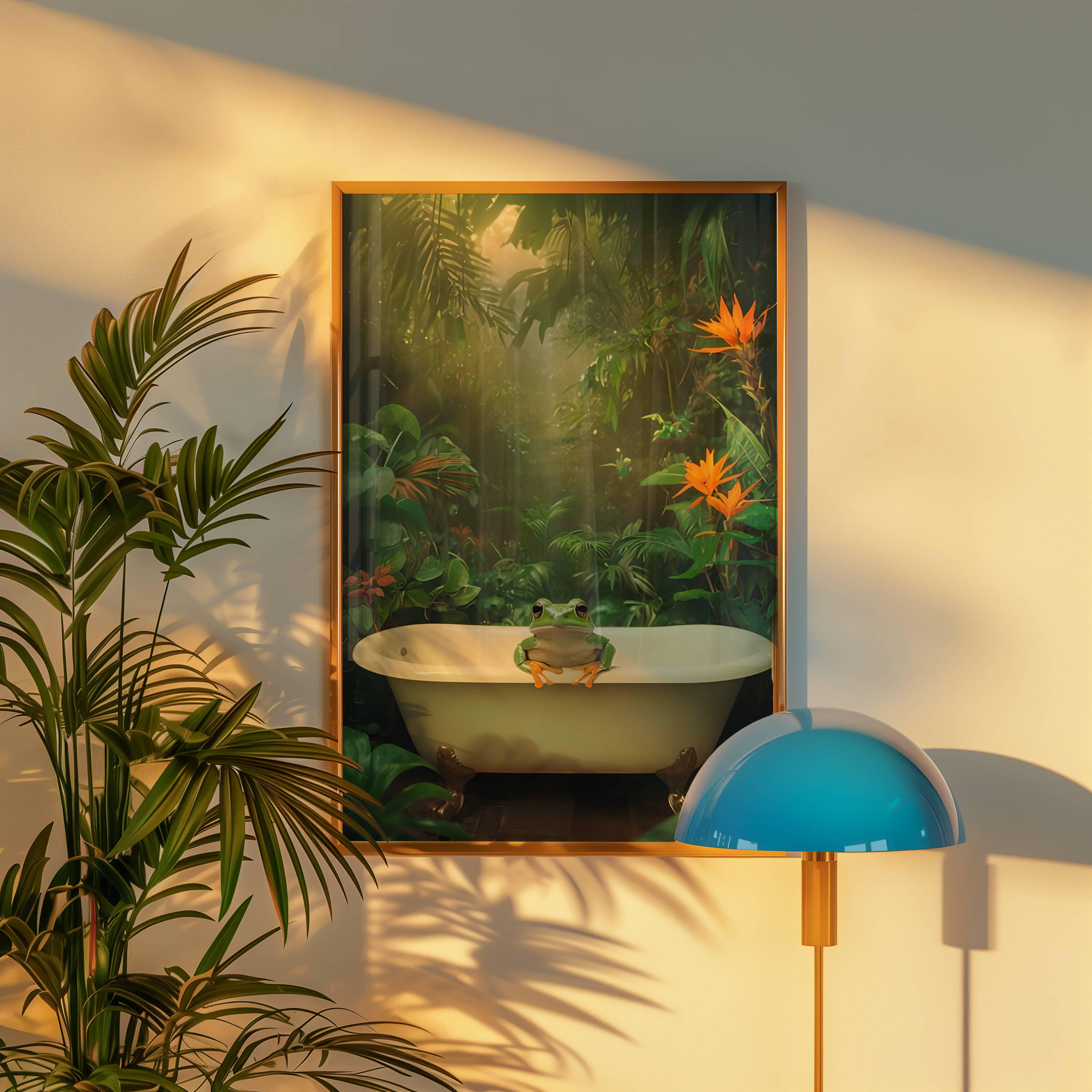 Cute Whimsical Frog in Bathtub Jungle Wall Art – Funny Animal Bathroom ...