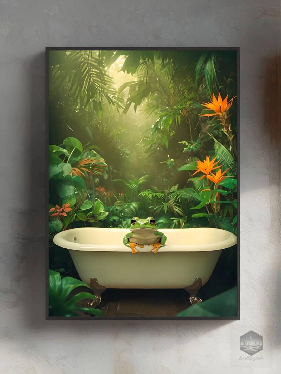 Cute Whimsical Frog in Bathtub Jungle Wall Art – Funny Animal Bathroom ...