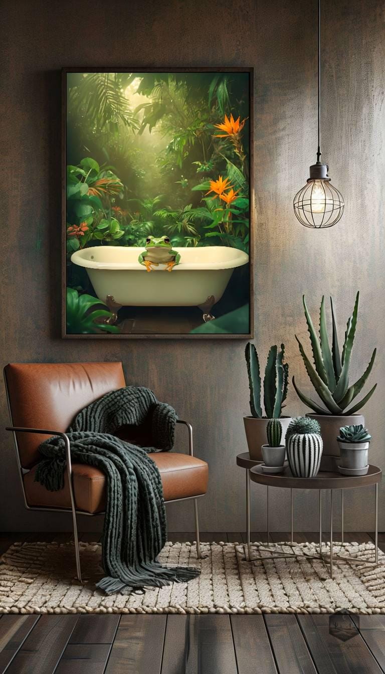 Cute Whimsical Frog in Bathtub Jungle Wall Art – Funny Animal Bathroom ...