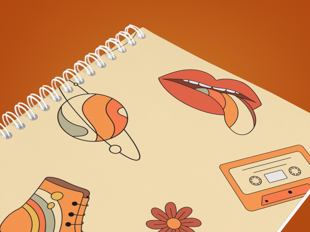 Retro Roller Skates Spiral Notebook | 70s Pattern Cassette Peace Sign ...