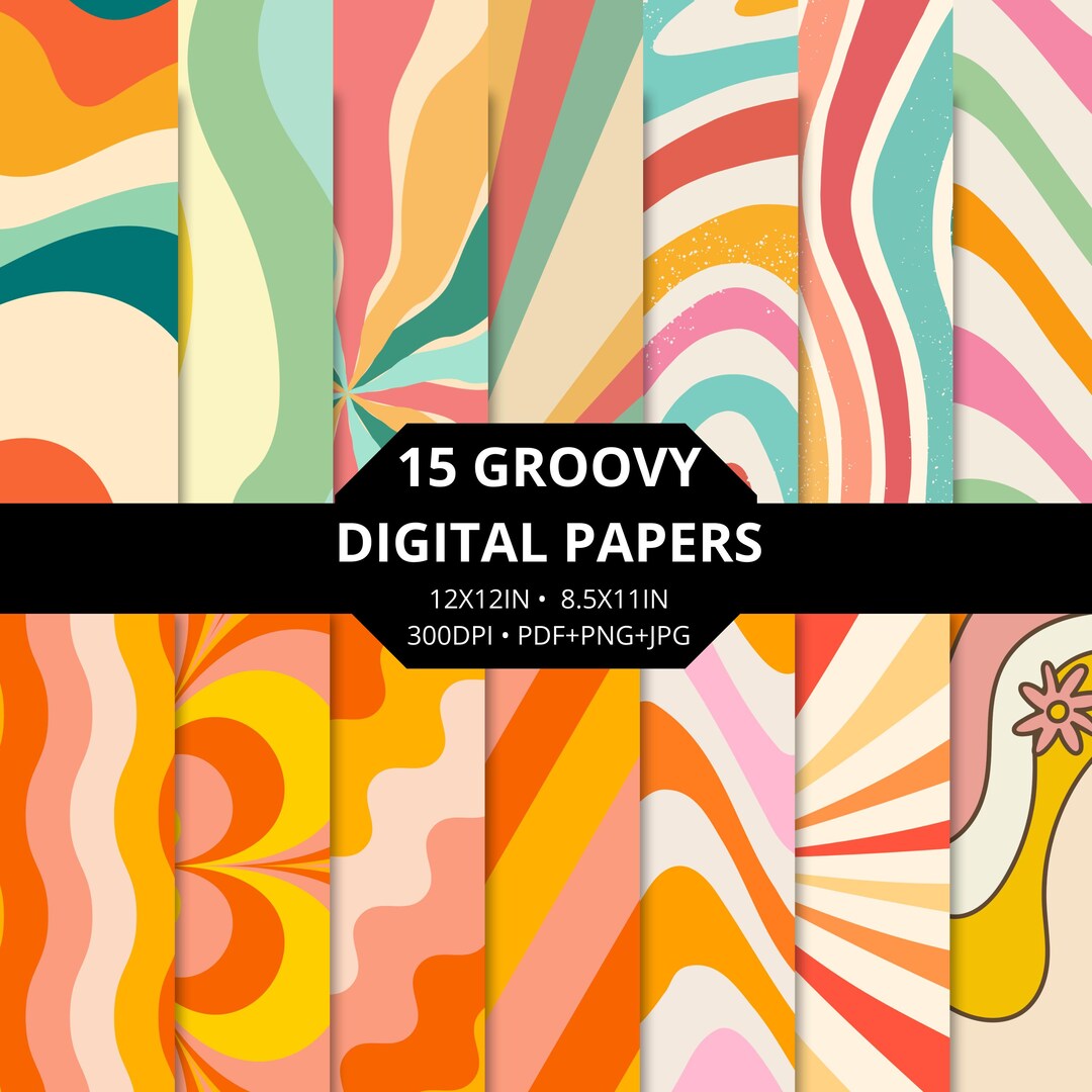 70s Retro Groovy Backgrounds, Bright Colorful Digital Paper, PNG ...