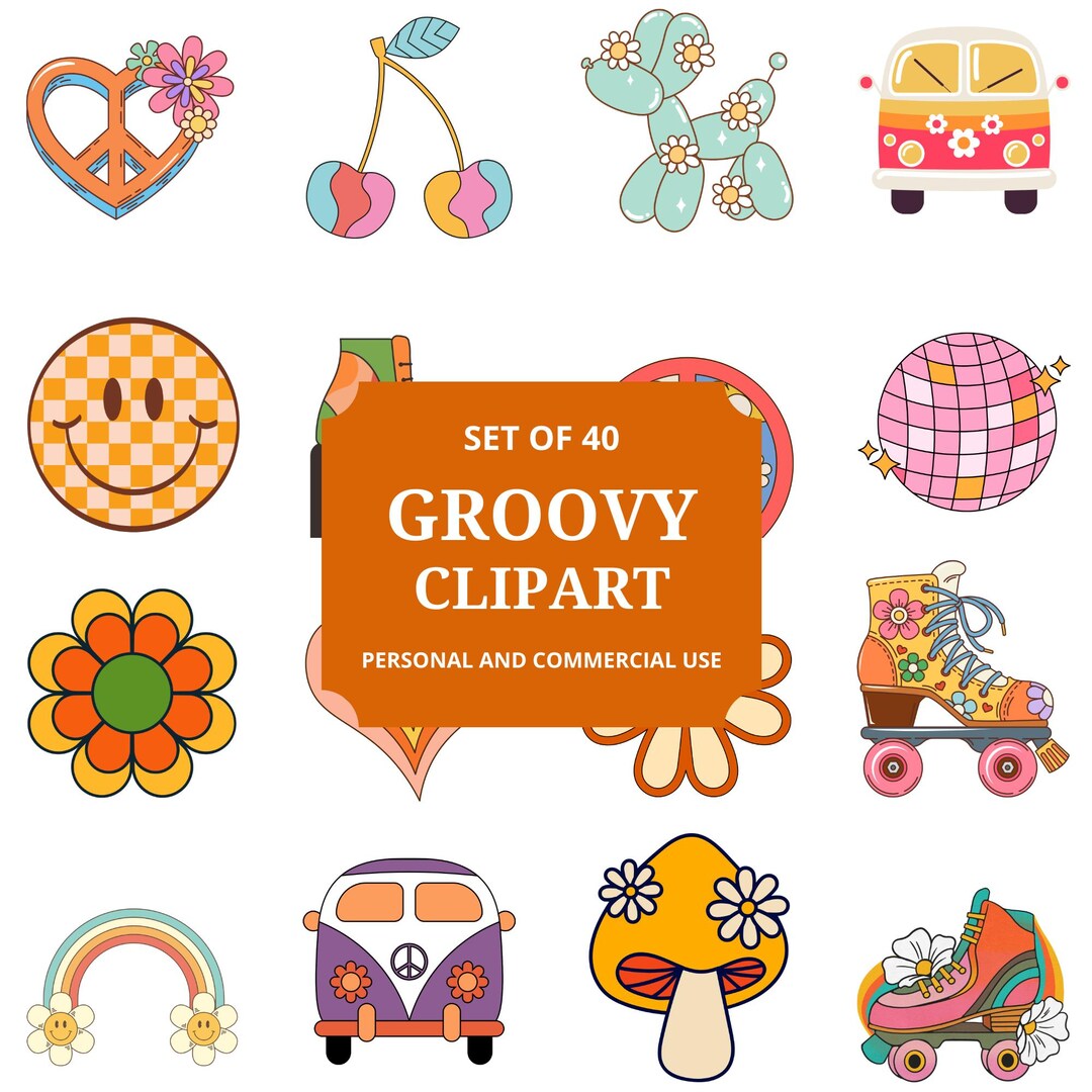 Retro Groovy PNG Stickers Bundle, 70s Style Sticker Sheet, Transparent ...