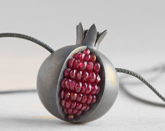 Pomegranate Necklace Gemstone Matte Brushed Silver Ruby | Etsy
