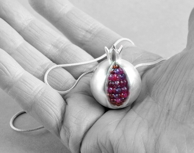 Pomegranate Necklace - Gemstone Matte Brushed Silver - Ruby Silver ...
