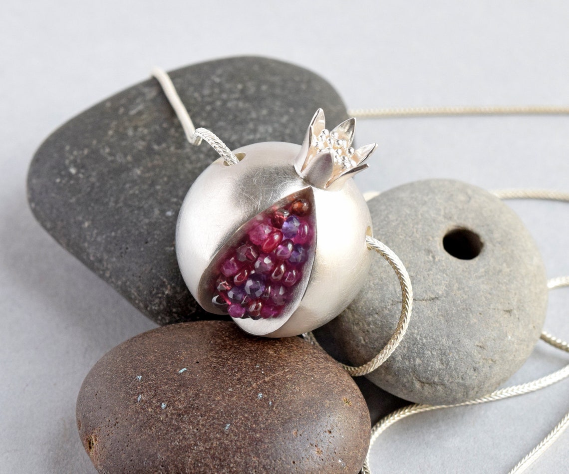 Pomegranate Necklace Gemstone Matte Brushed Silver Ruby - Etsy Australia