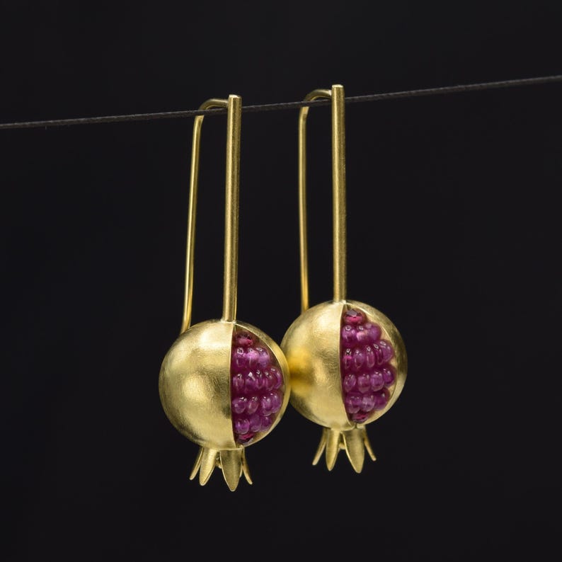 18K Gold Pomegranate Earrings With Ruby, Pink Sapphire & Garnet - Etsy