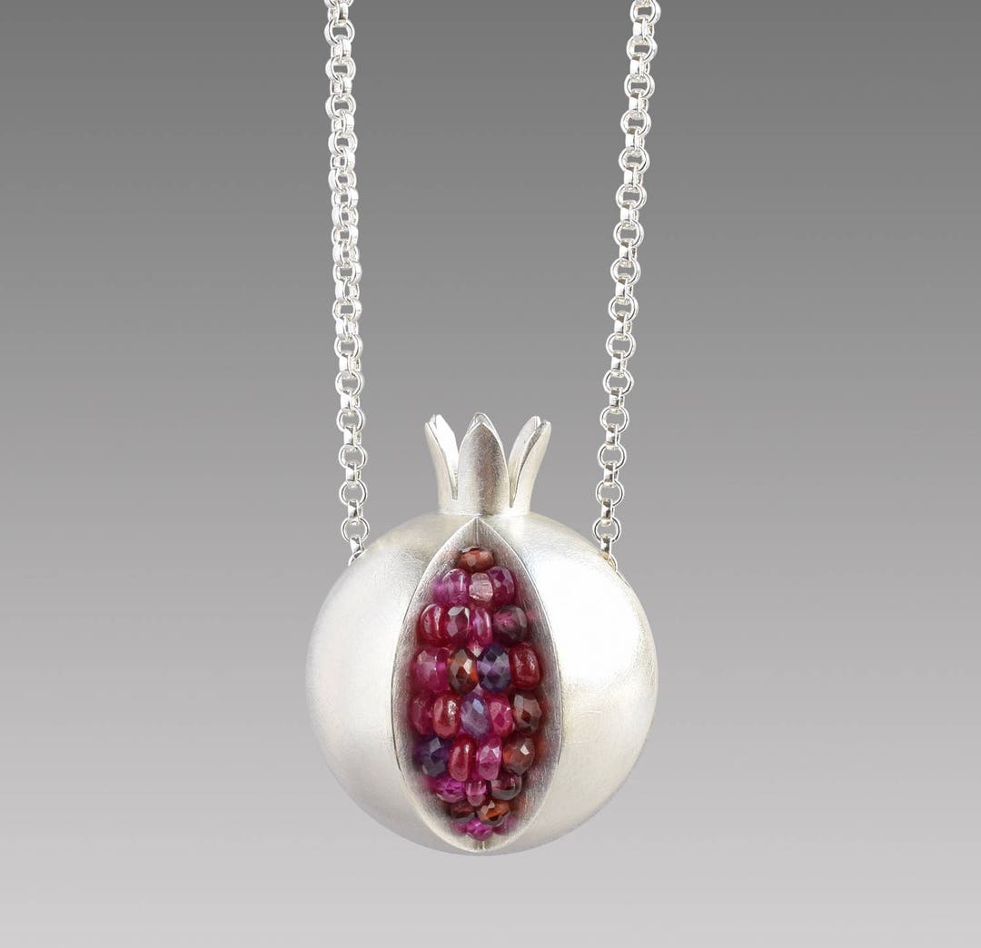 Pomegranate Necklace - Gemstone Matte Brushed Silver - Ruby Silver ...