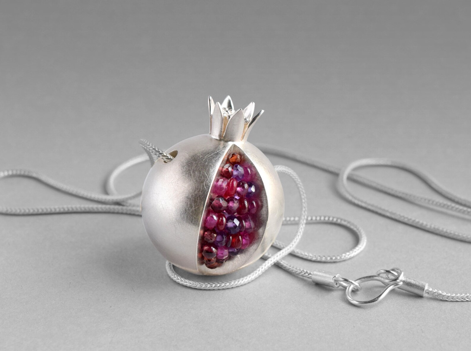Pomegranate Necklace - Gemstone Matte Brushed Silver - Ruby Silver ...