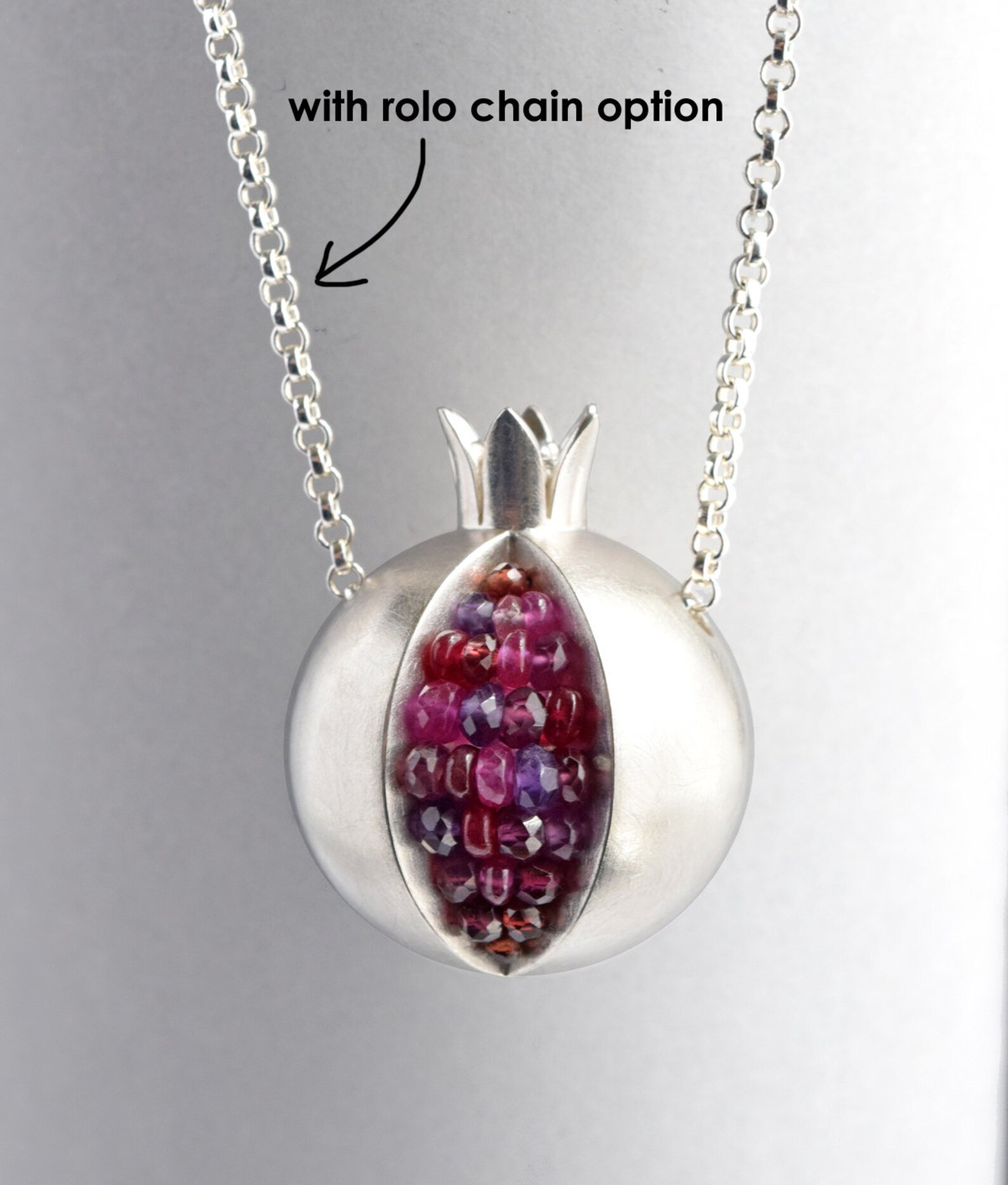 Pomegranate Necklace - Gemstone Matte Brushed Silver - Ruby Silver ...