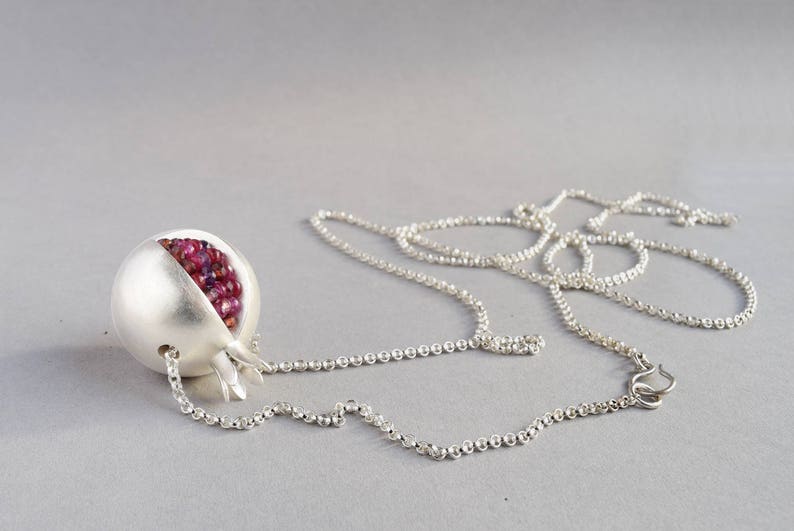 Pomegranate Necklace Gemstone Matte Brushed Silver Ruby | Etsy