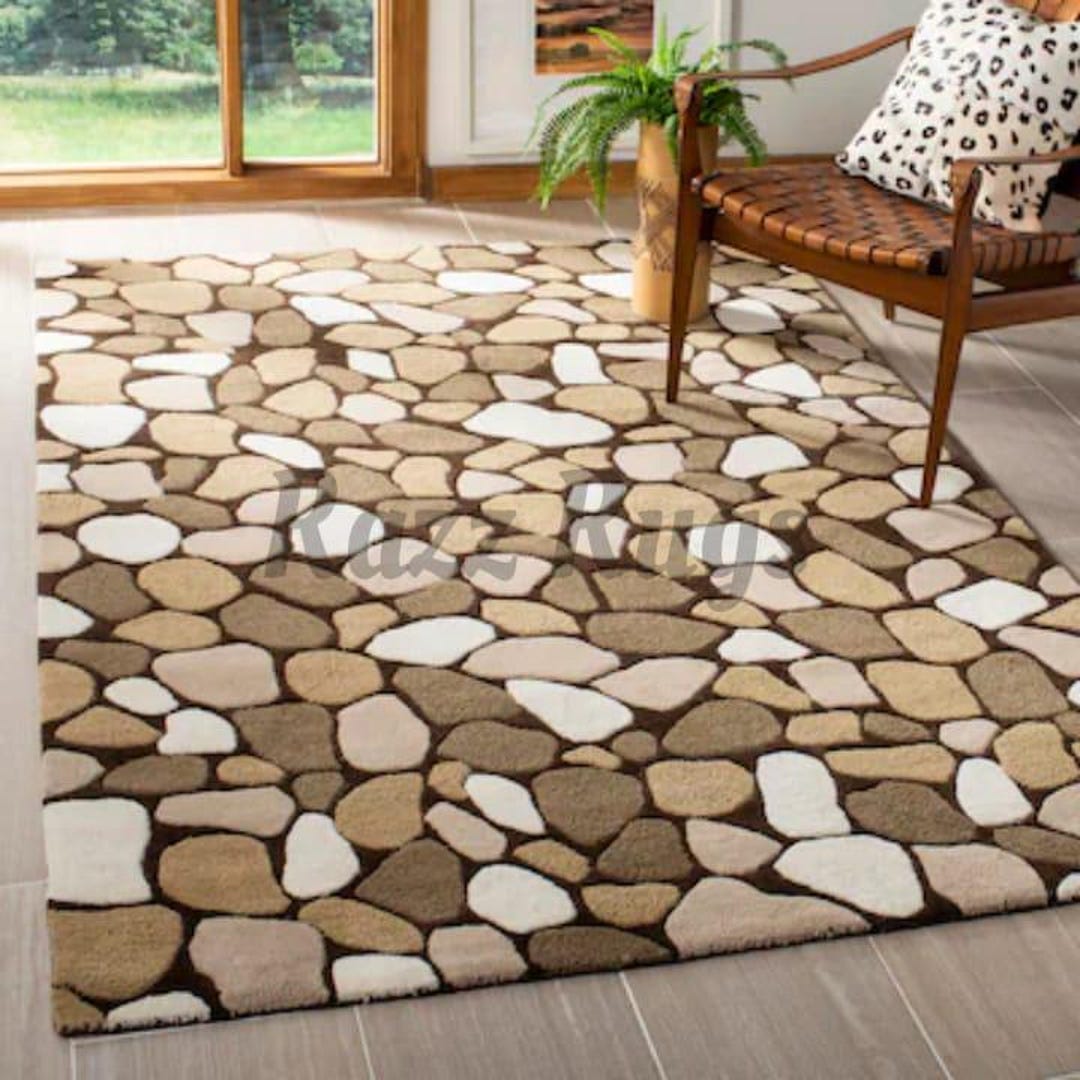 3D Pebble Stone Rug | Realistic River Rock Carpet Soft Earthy Tone ...