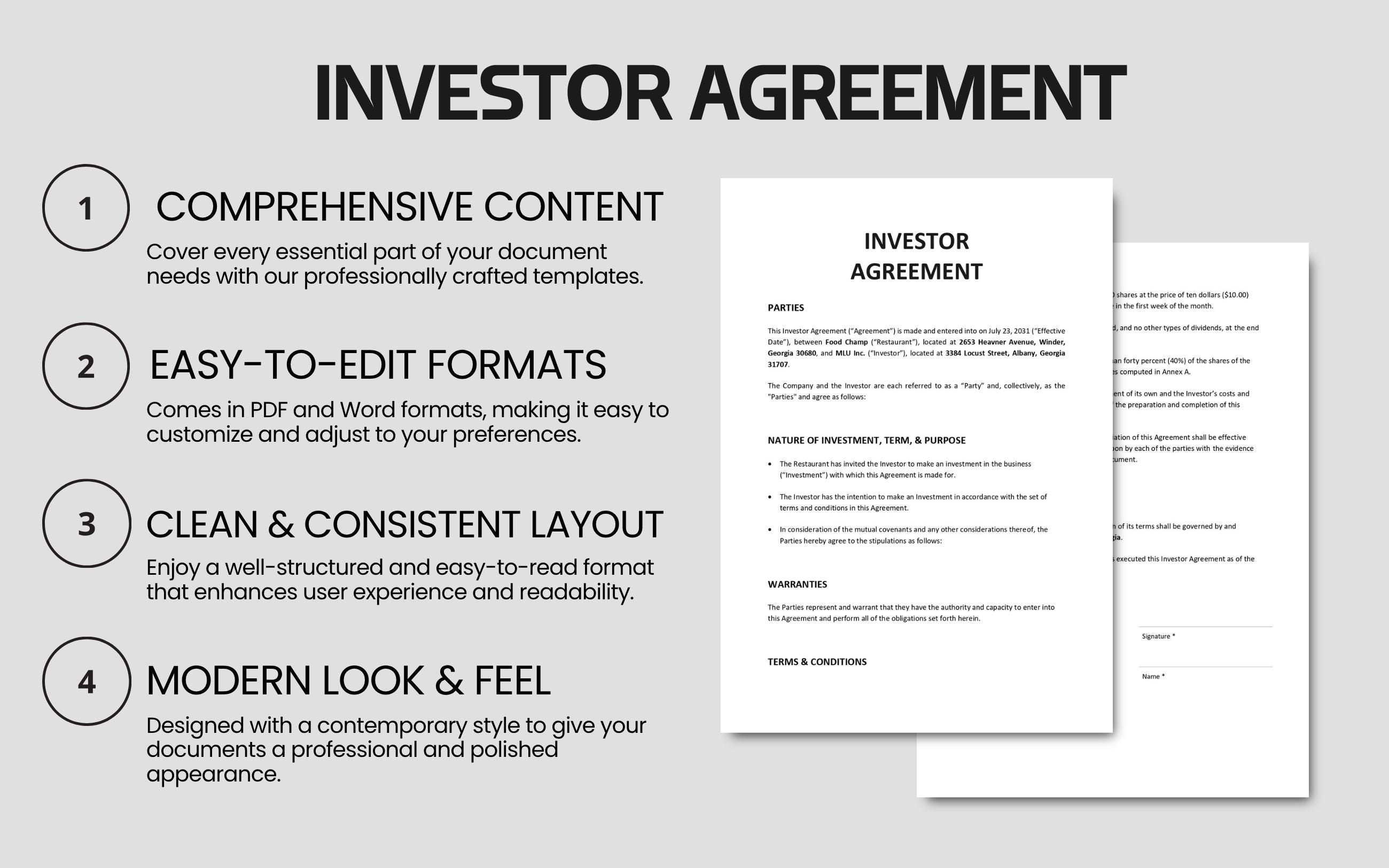 Investor Agreement Template | Editable Business Investment Contract PDF ...