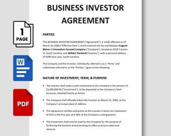 Investor Agreement Template | Editable Business Investment Contract PDF ...