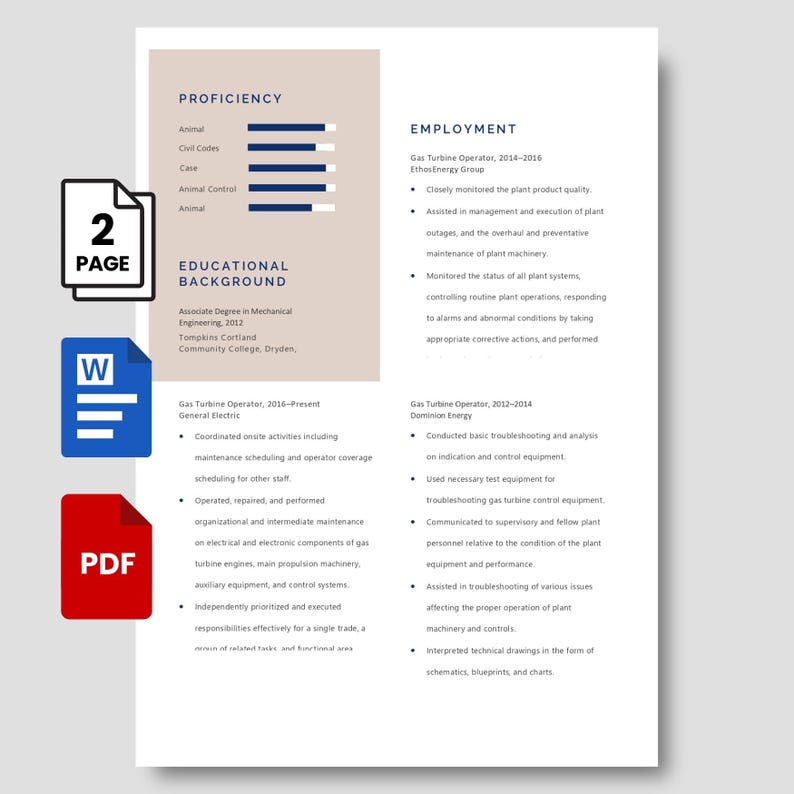 Editable Gas Turbine Operator Resume Template – Professional CV in PDF ...
