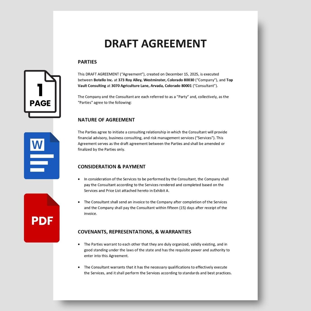 Draft Agreement Template | Editable Consulting Contract PDF & Word | Business Service Agreement ...