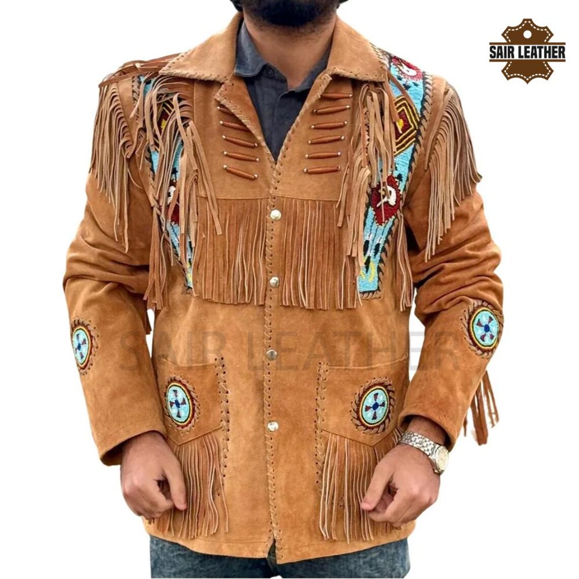 Men’s Native American Cowboy Buckskin Leather Jacket With Fringes ...