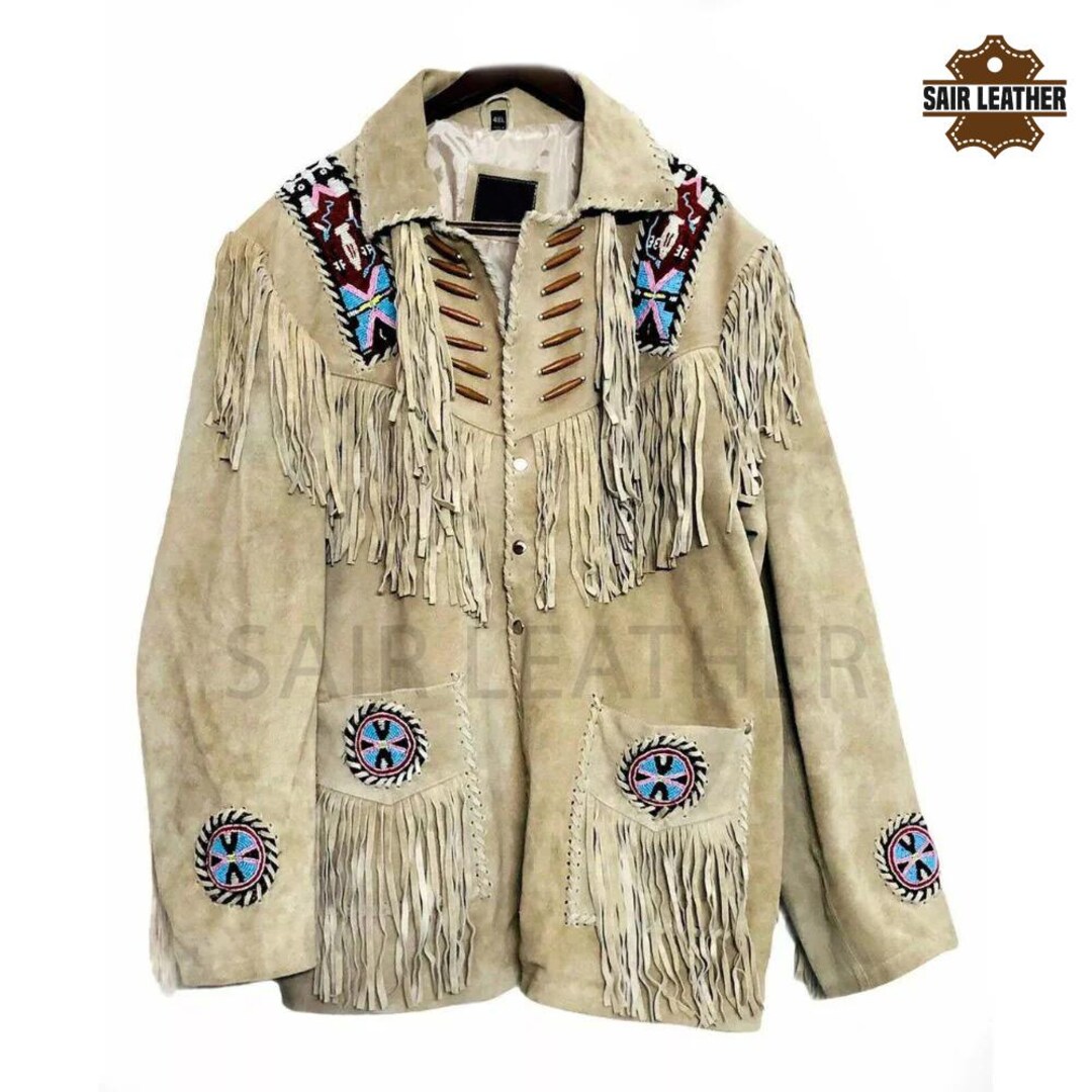 Men’s Native American Cowboy Buckskin Leather Jacket With Fringes ...