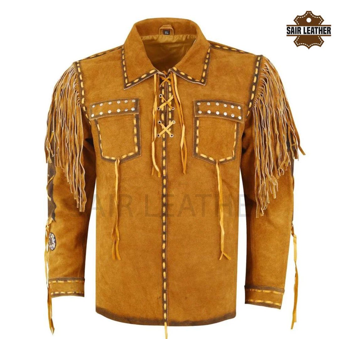 Men’s Native American Cowboy Buckskin Leather Jacket With Fringes ...