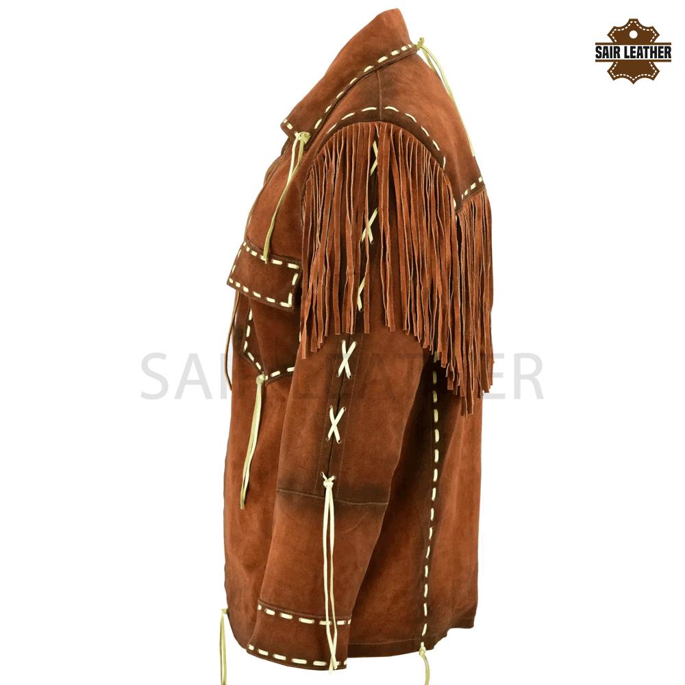 Men’s Native American Cowboy Buckskin Leather Jacket With Fringes ...