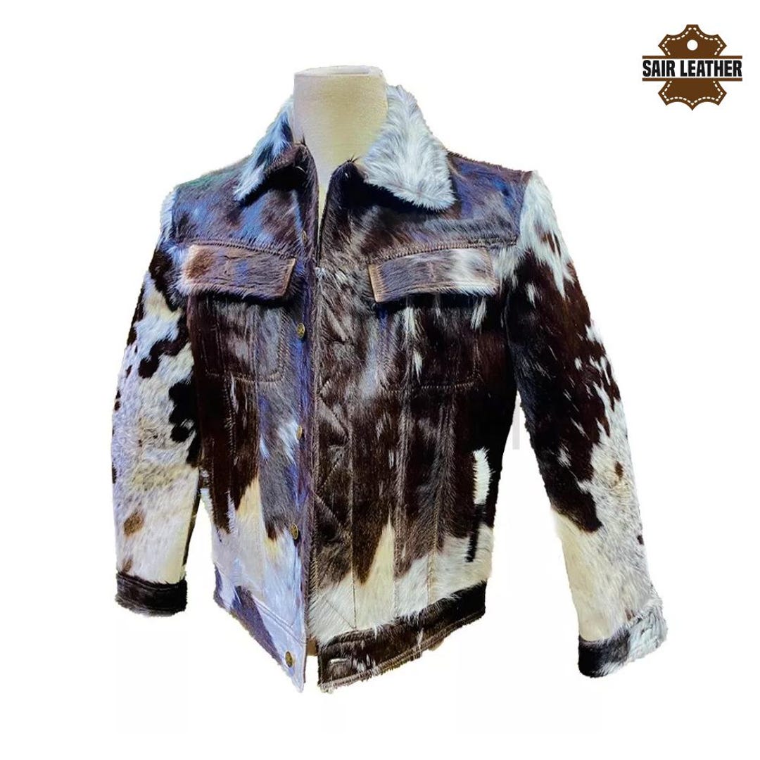 New Men's Genuine Cowhide Leather Jacket Natural Hair of Cow Skin ...