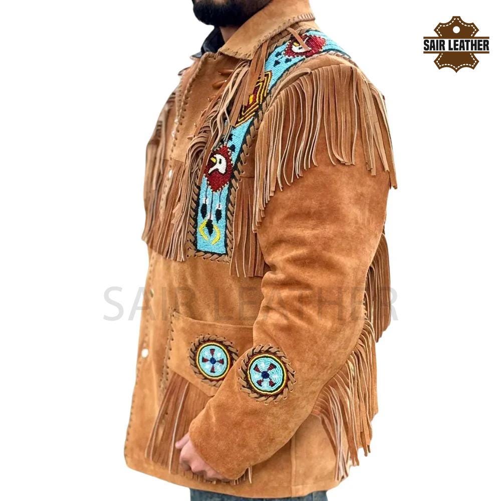 Men’s Native American Cowboy Buckskin Leather Jacket With Fringes ...