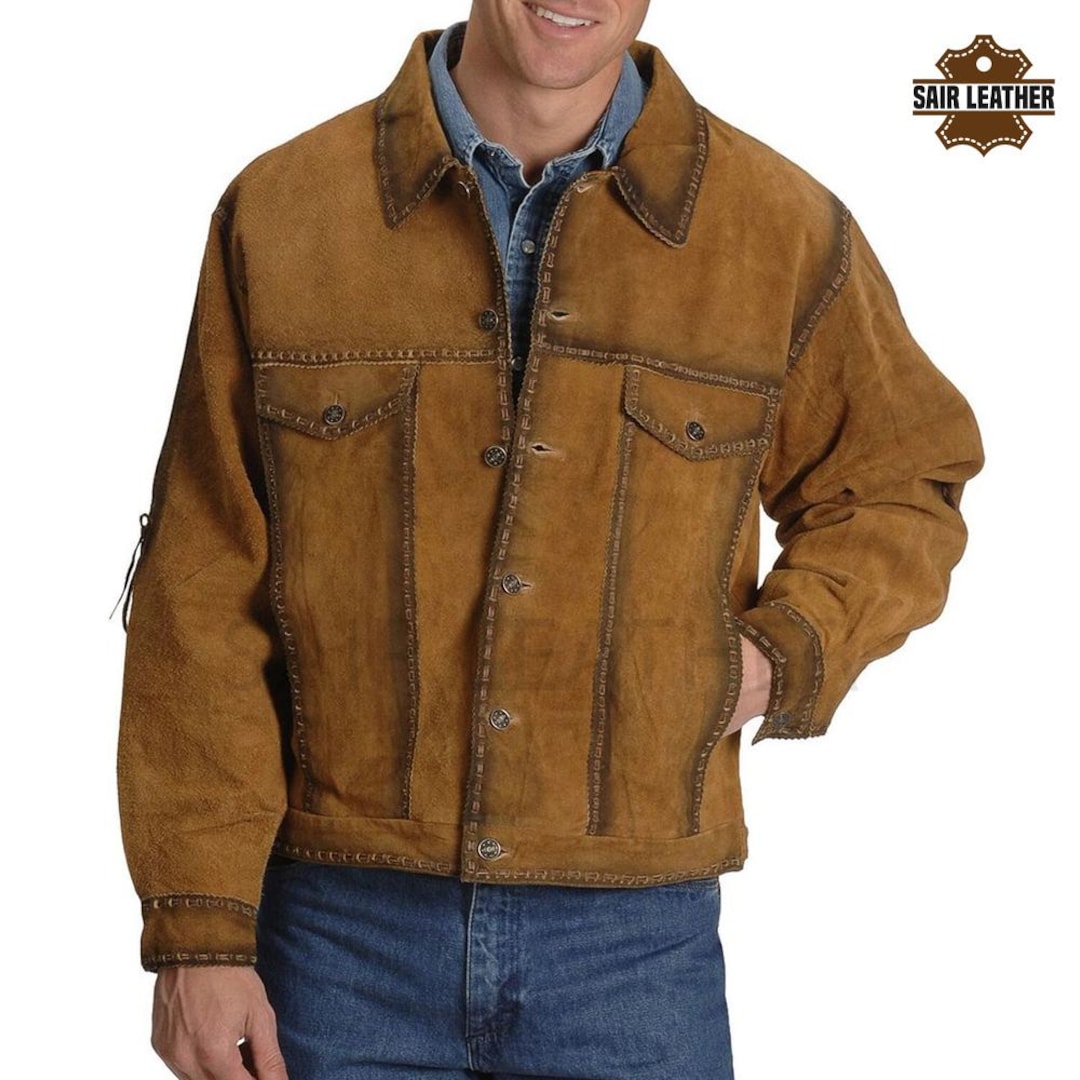 Men’s Native American Cowboy Buckskin Suede Leather Jacket With Fringes ...