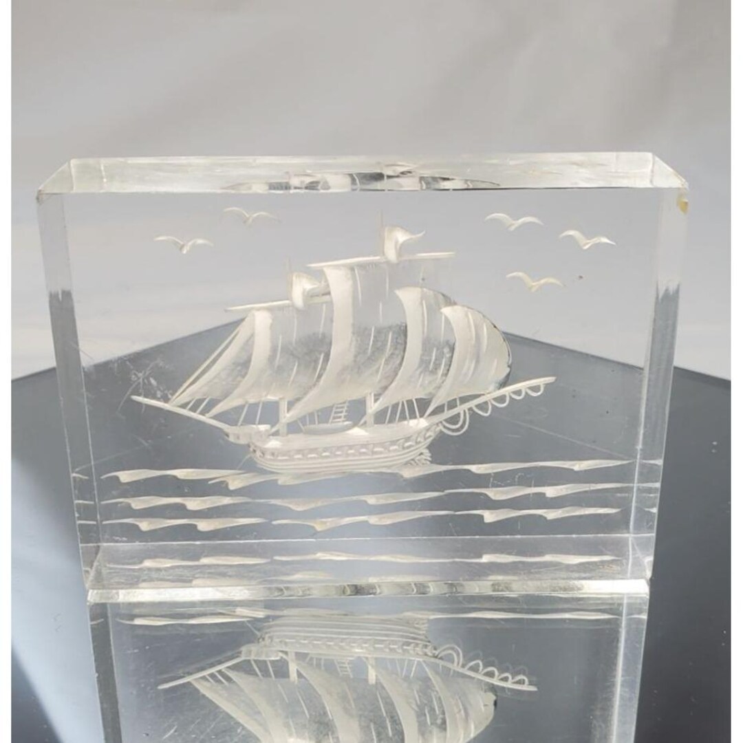 Vintage Reverse Carved Lucite Sailing Ship Boat Etching Paperweight ...