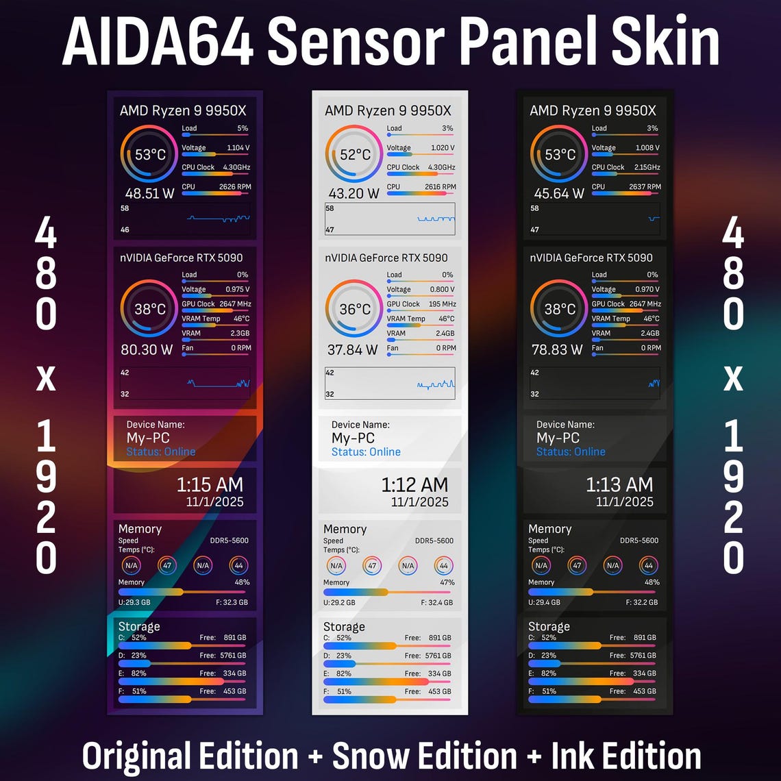 AIDA64 Sensor Panel Skin Template 480x1920 + 720x1920 (portrait)x3: Tri ...