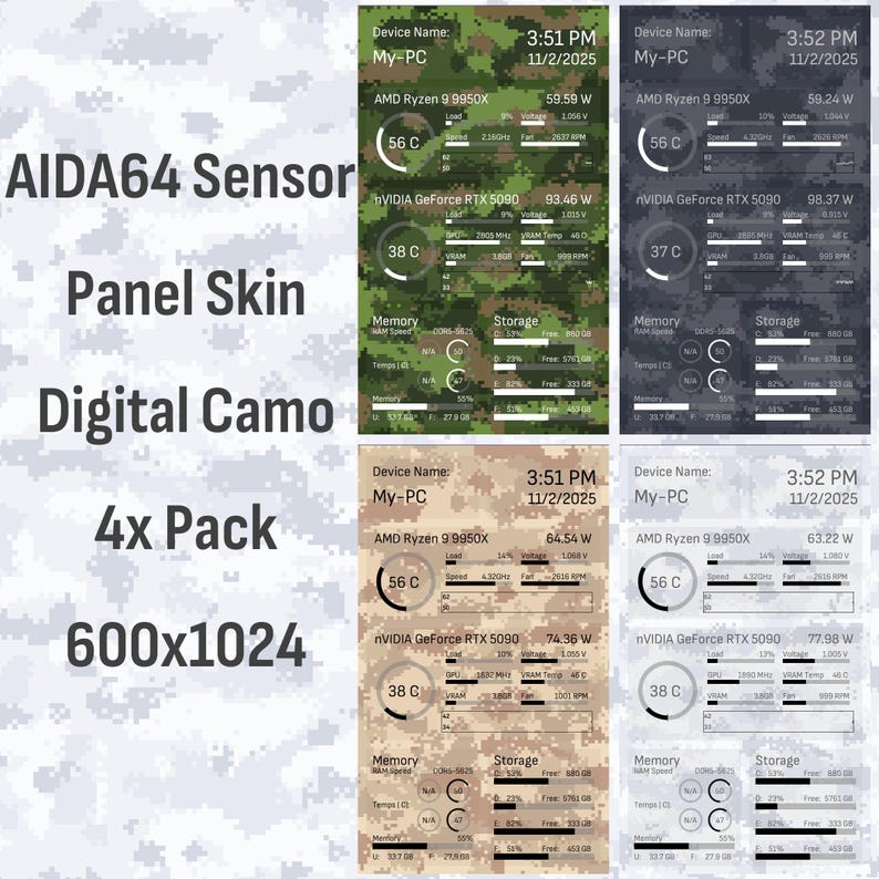 AIDA64 Sensor Panel Skin Template 4x Pack 600x1024 (portrait): Digital ...