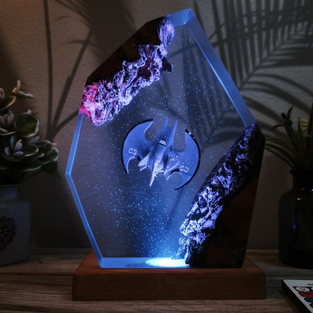 Batwing Resin Lamp Handmade LED Night Light With Wooden Base, Superhero ...