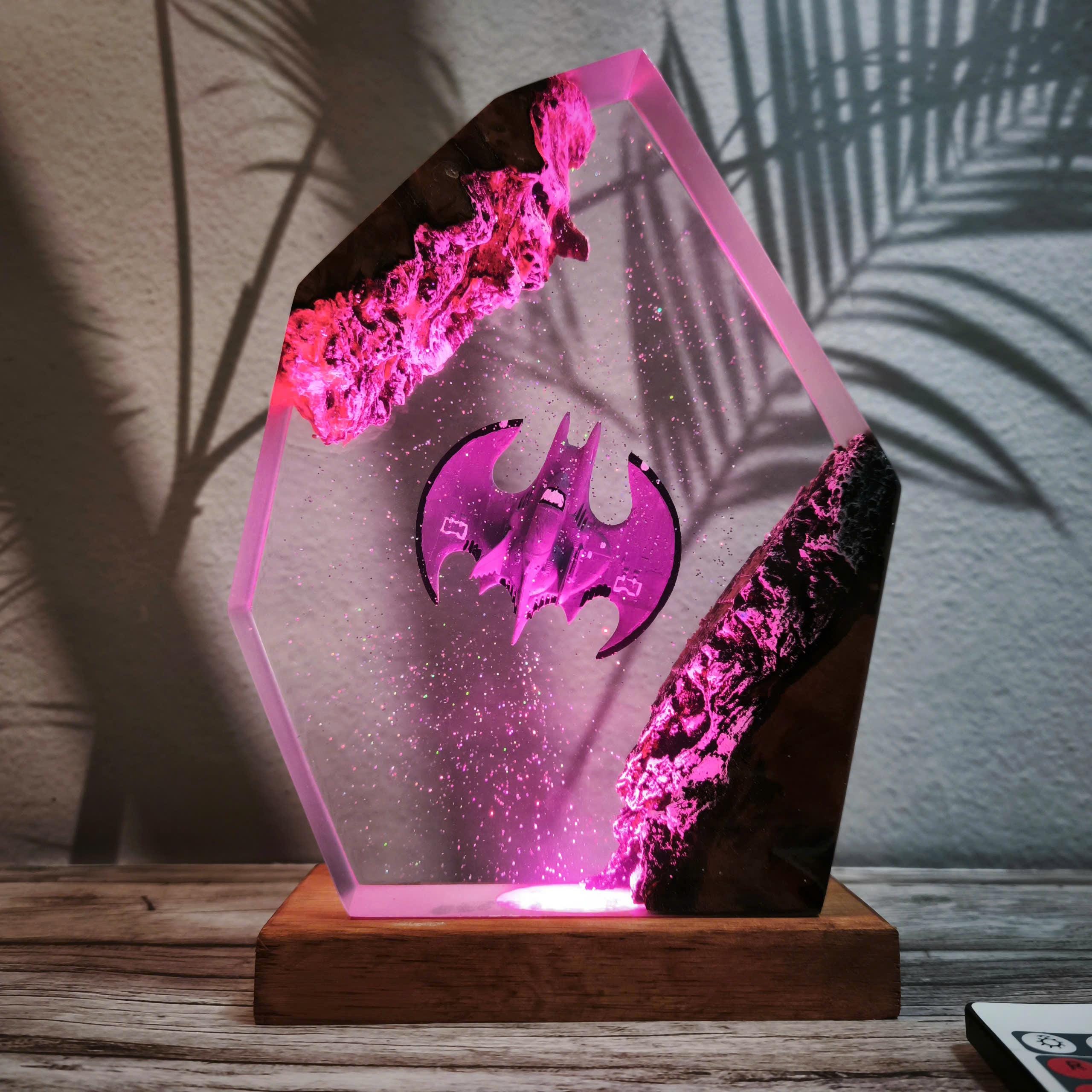 Batwing Resin Lamp Handmade LED Night Light With Wooden Base, Superhero ...