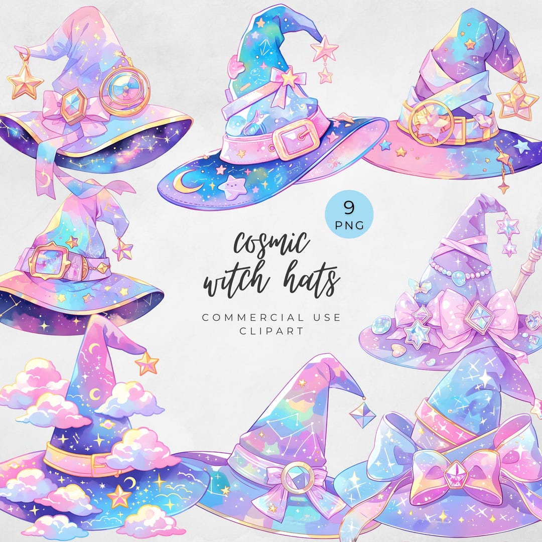 Cosmic Witch Hat Clipart – Cute Pastel Halloween Witch Hats With Stars ...