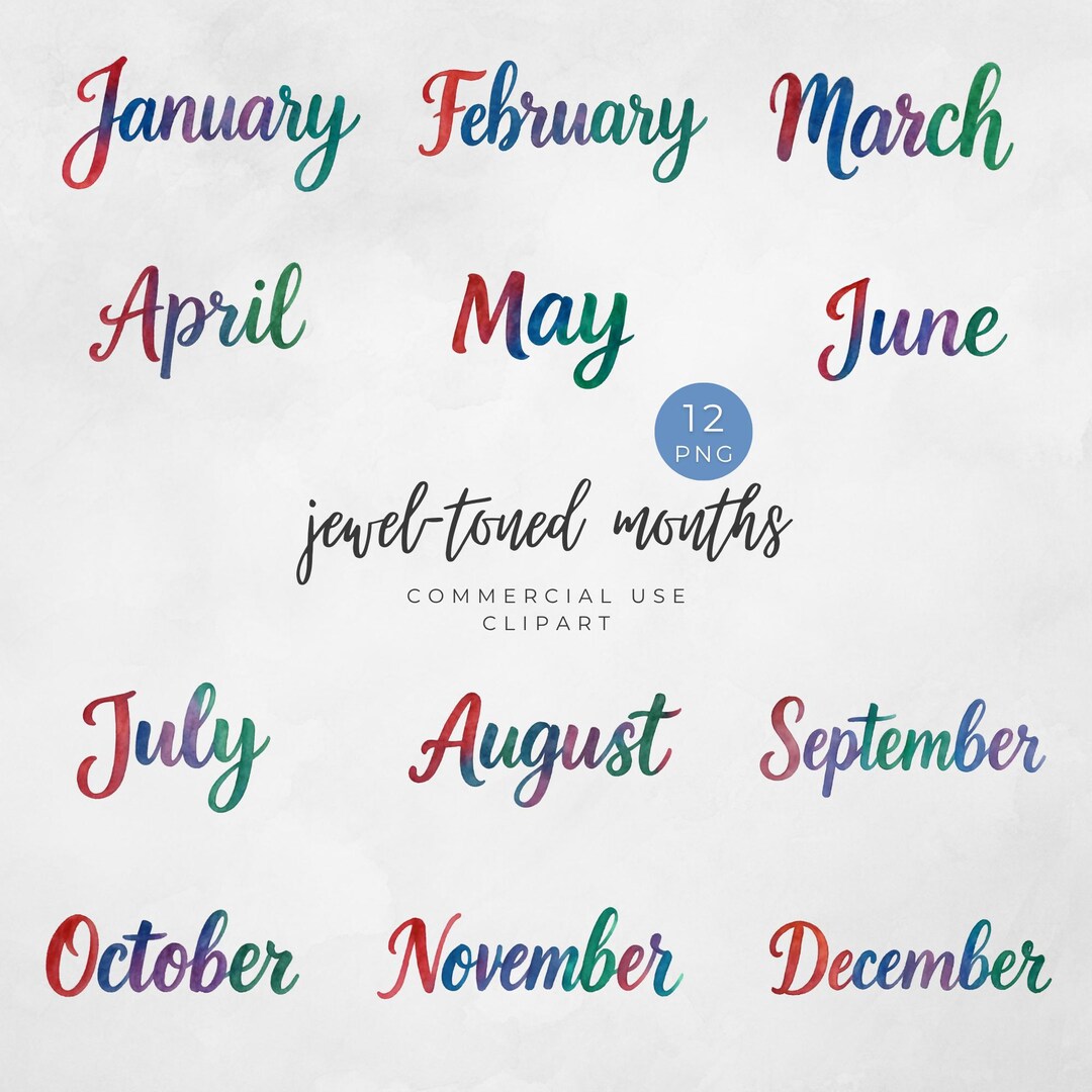 Jewel Toned Months Clipart Set – Colorful Lettered Month Names ...