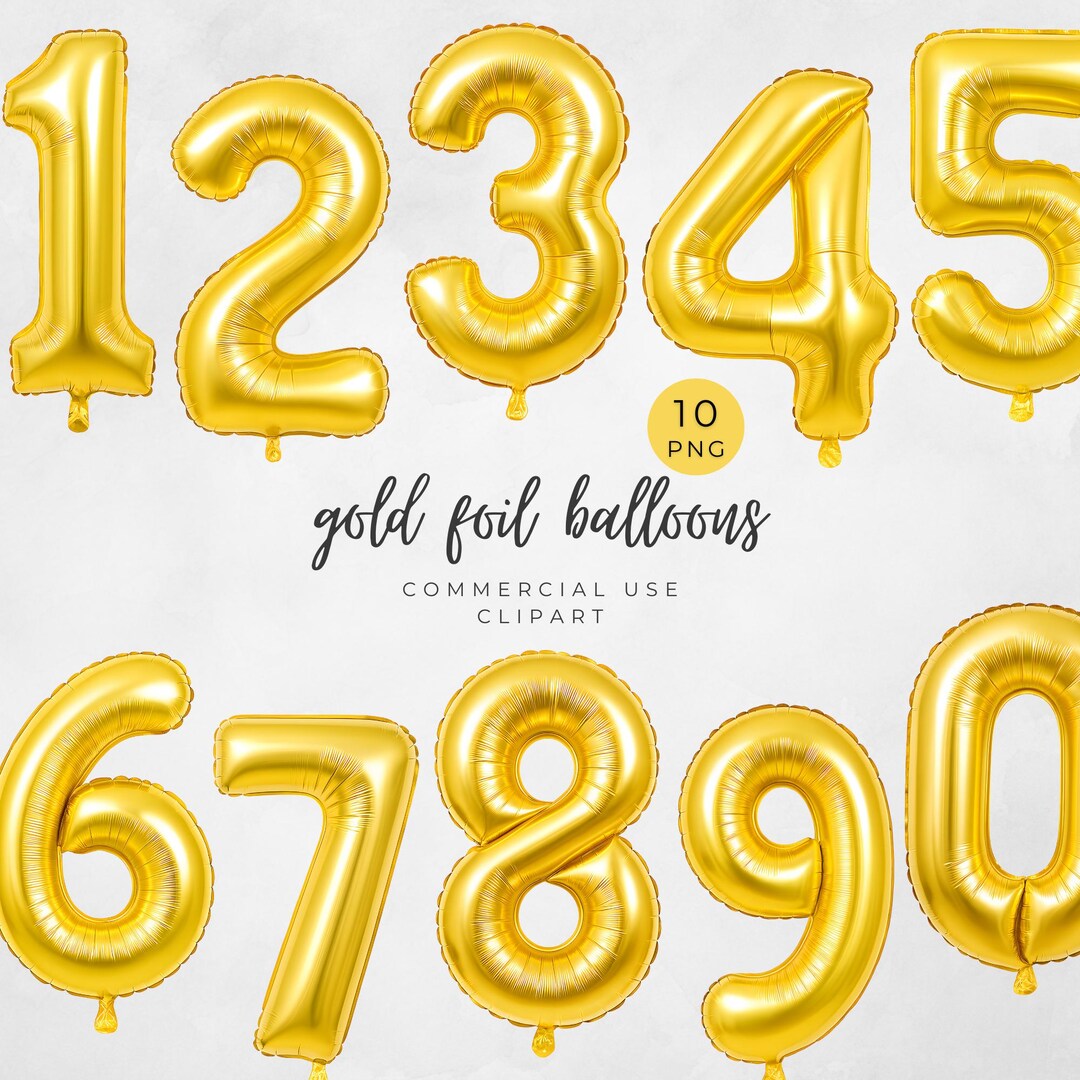 Number Balloons Clipart, Gold Foil Numbers for Birthday Party ...