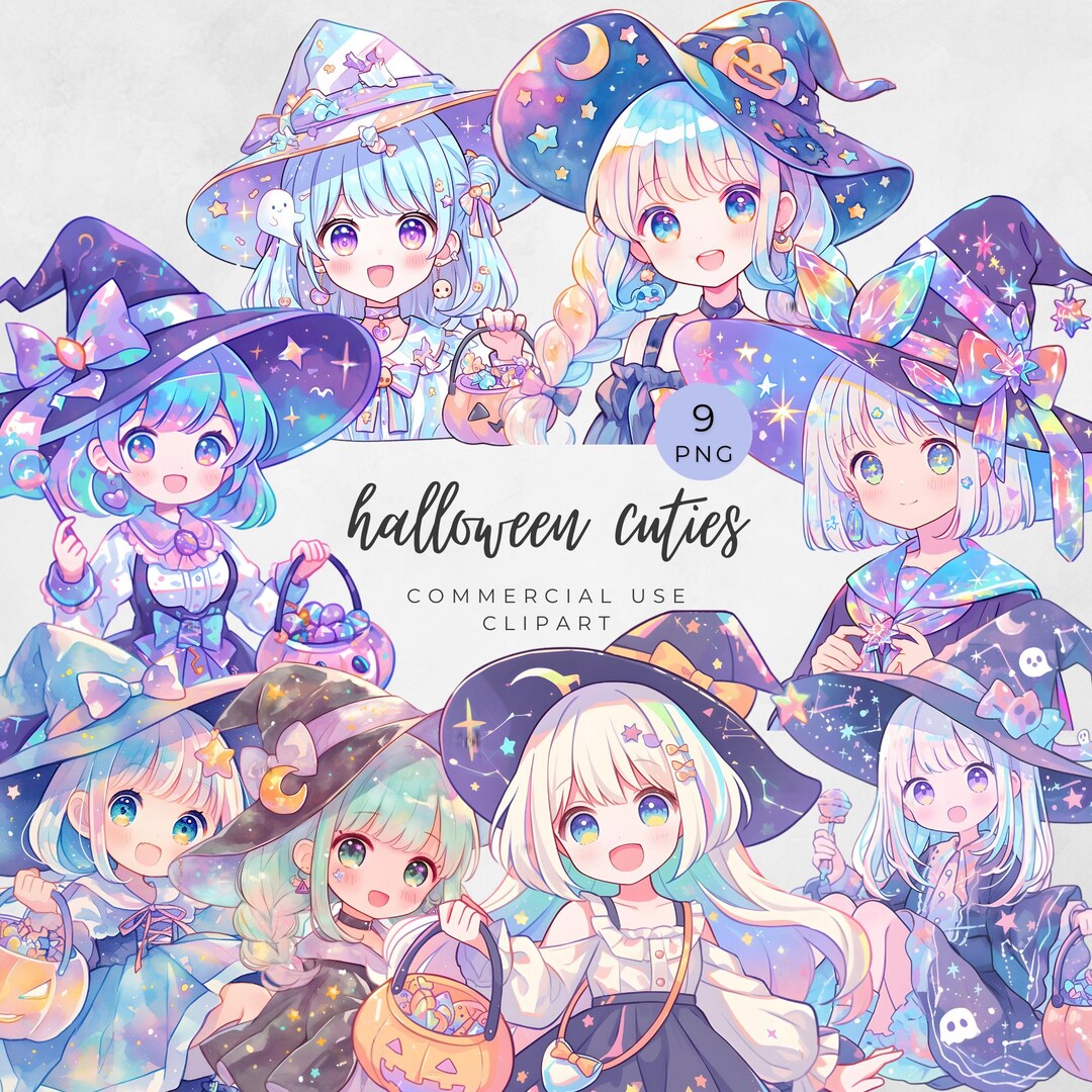 Halloween Cuties Clipart – Cute Pastel Kawaii Witch Girls, Trick or ...