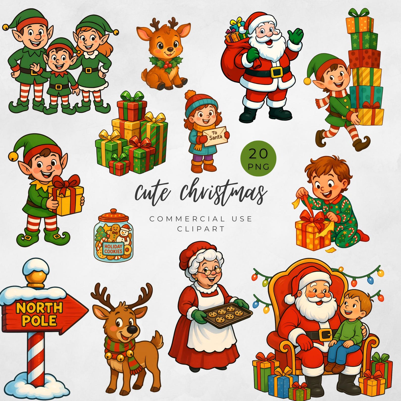 Cute Christmas Clipart – Santa, Elves, Reindeer, Kids & Holiday Gifts ...